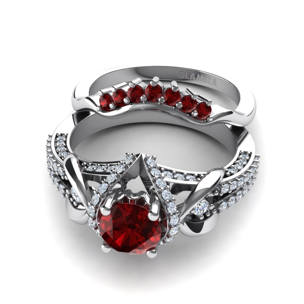 Order 0.79 Carat Round cut 14K White Gold Ruby Bridal Set Crinkly ...